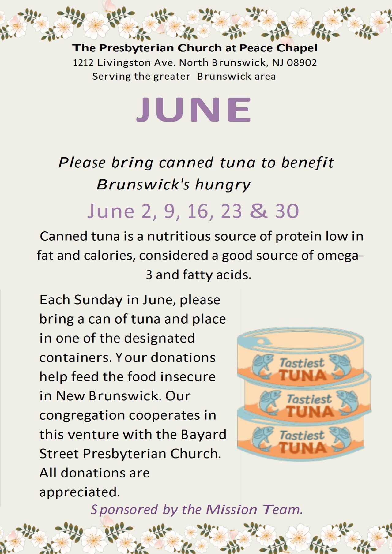 Canned Tuna Food Drive, June 2024 - Presbyterian Church at Peace Chapel